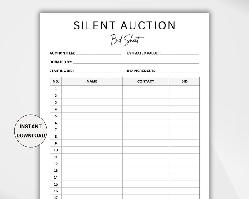 Editable Silent Auction Bid Sheet. Silent Auction Sign up Sheet. Silent ...