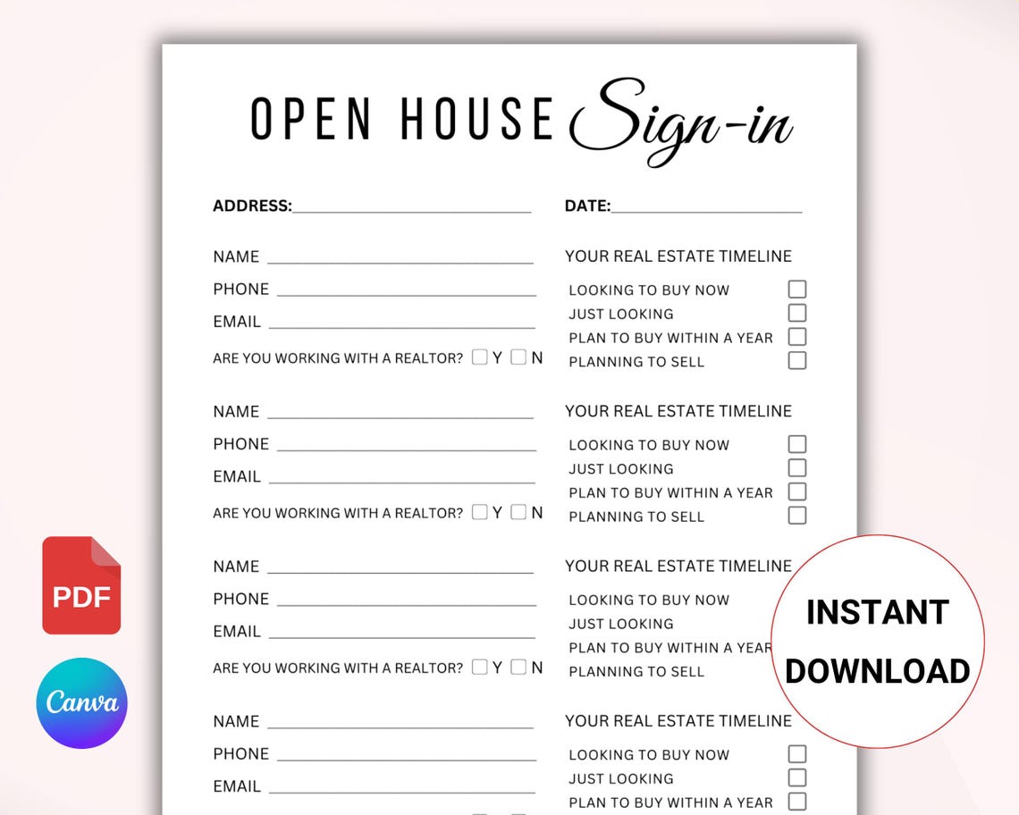 Open House Sign-in Sheet, Elegant Real Estate Marketing, Real Estate ...