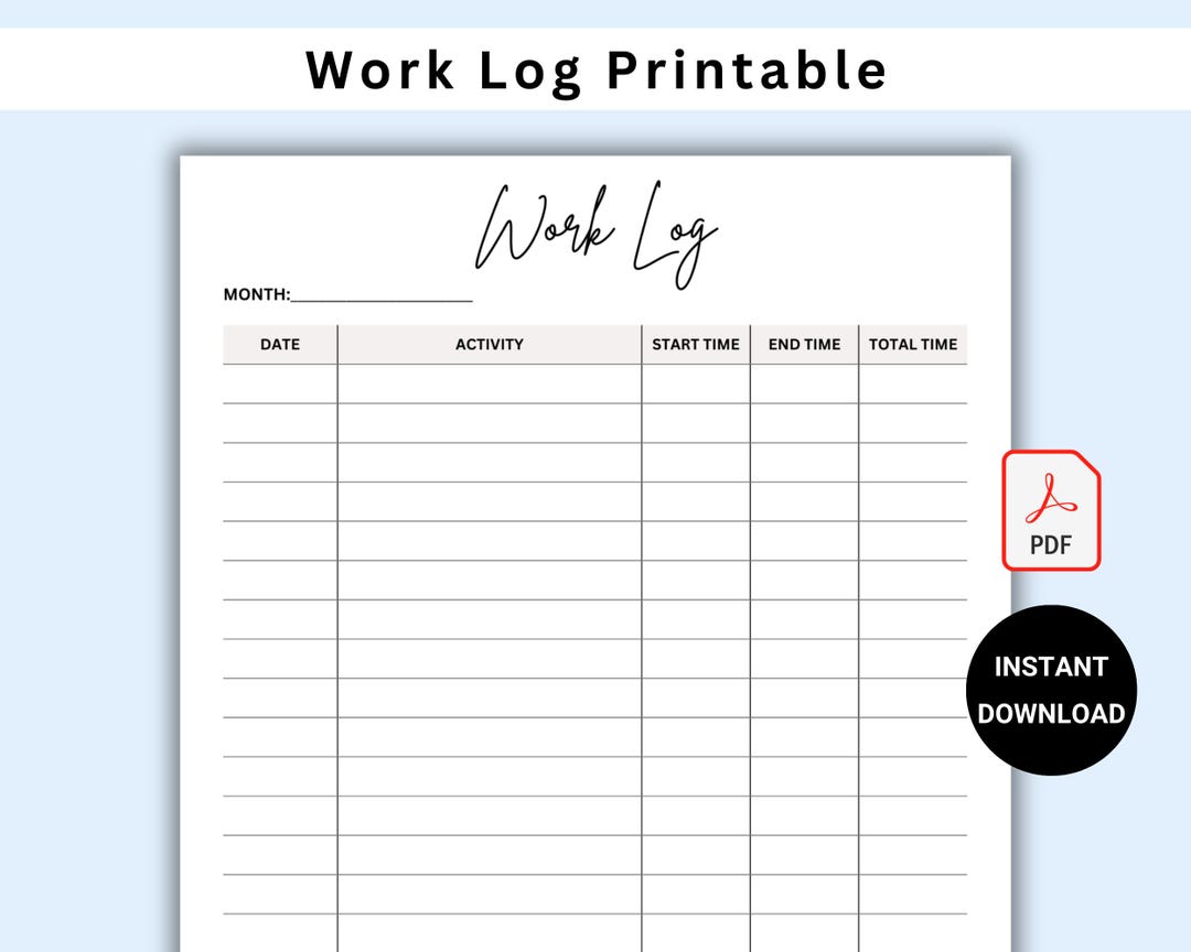 Printable Work Log PDF | Employee Time Tracker | Freelance Timesheet ...