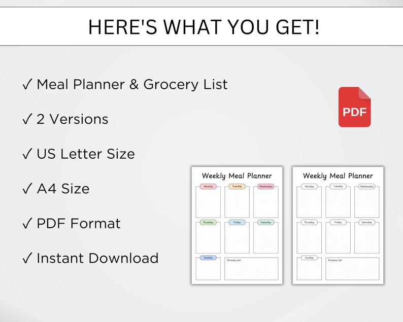 Weekly Meal Planner Printable PDF, Meal Plan Template With Grocery List ...