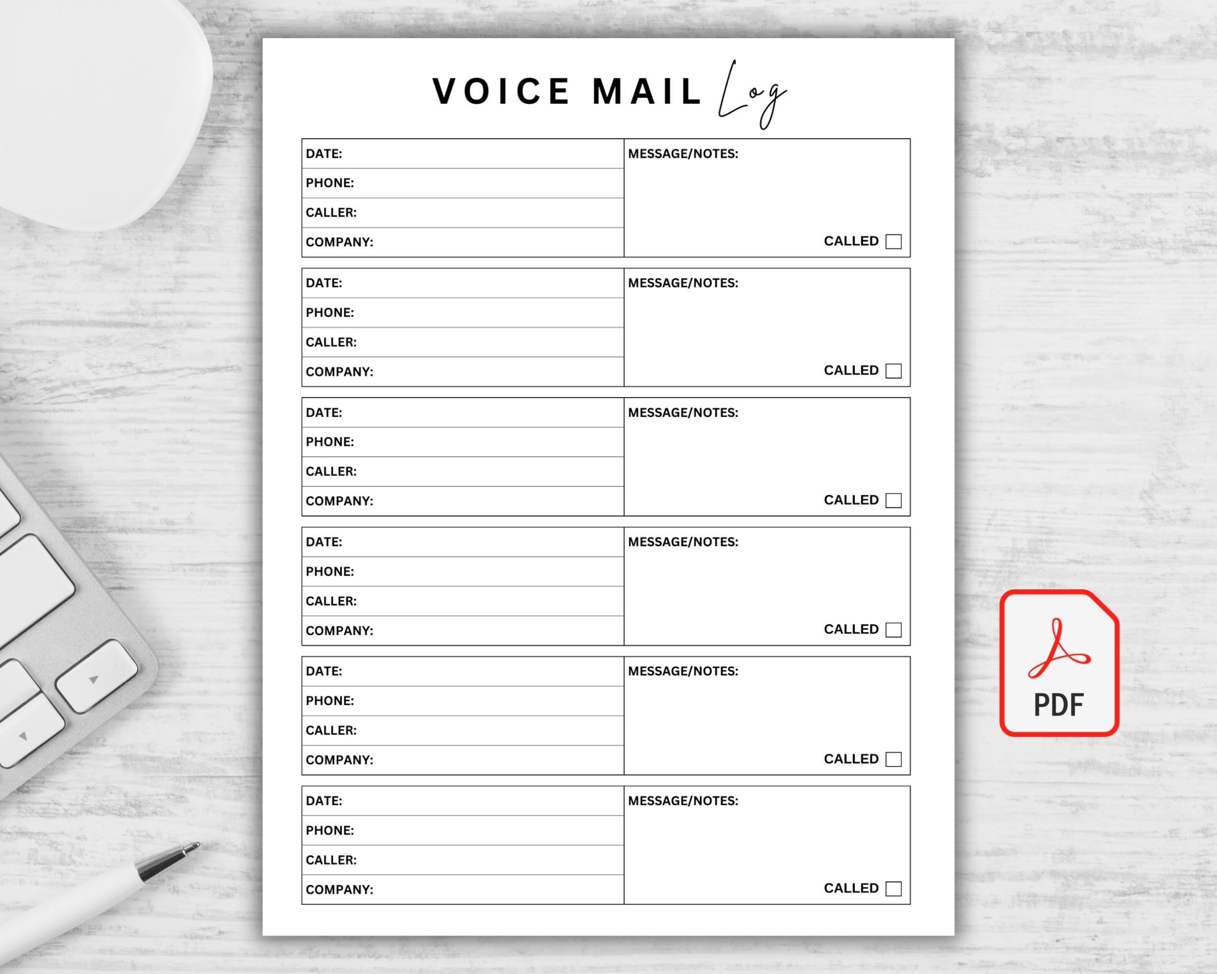 Voicemail Log. Voicemail Tracker. Voice Mail Journal Template ...