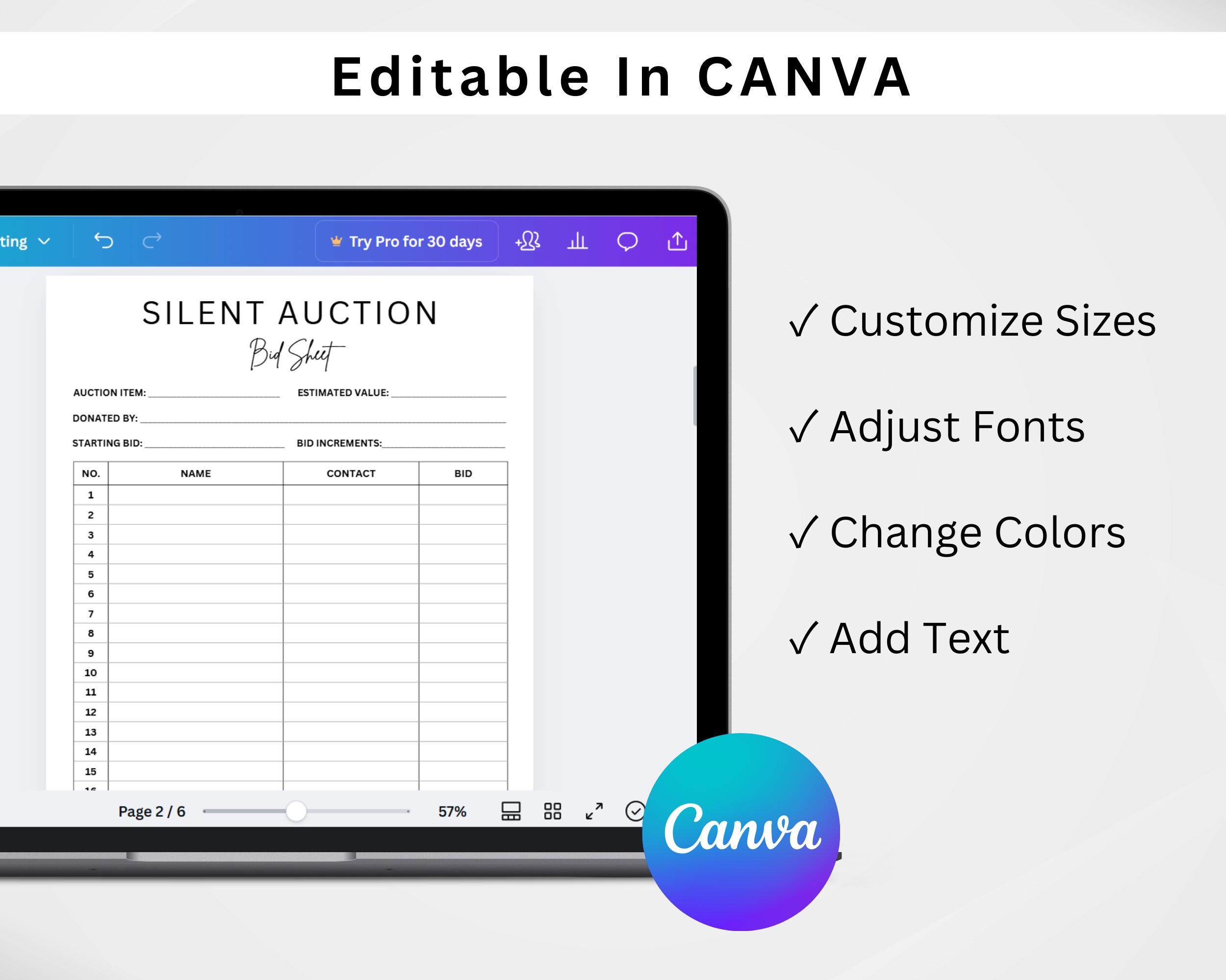 Editable Silent Auction Bid Sheet. Silent Auction Sign up Sheet. Silent ...