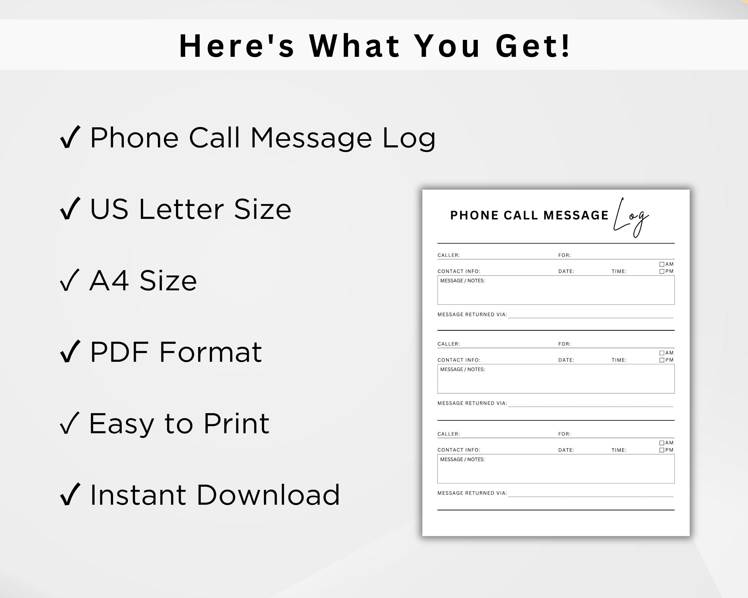 Printable Phone Call Message Log. Phone Log. Message Log. Call Log ...