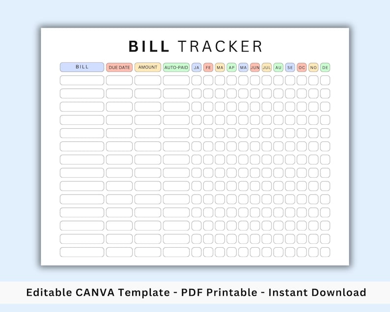 Editable Monthly Bill Log. Bill Payment Checklist. Bill Pay Organizer ...