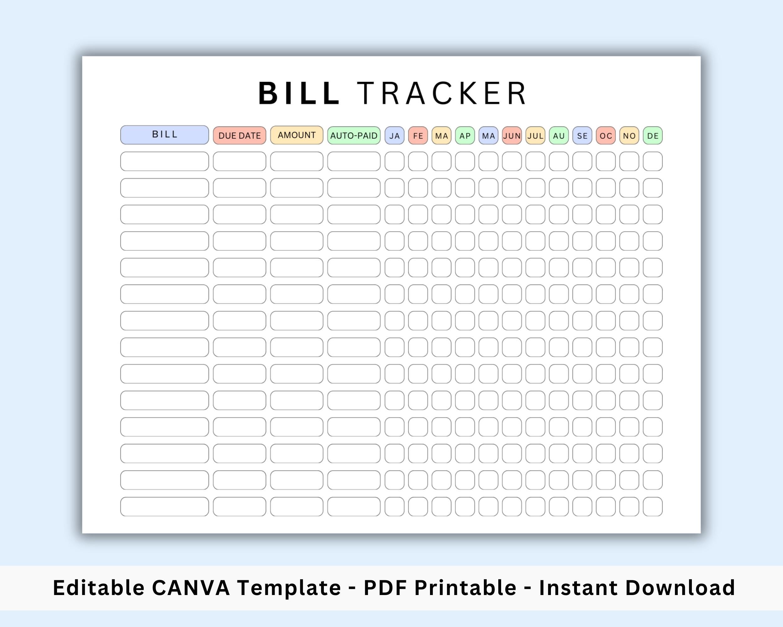 Editable Monthly Bill Log. Bill Payment Checklist. Bill Pay Organizer ...