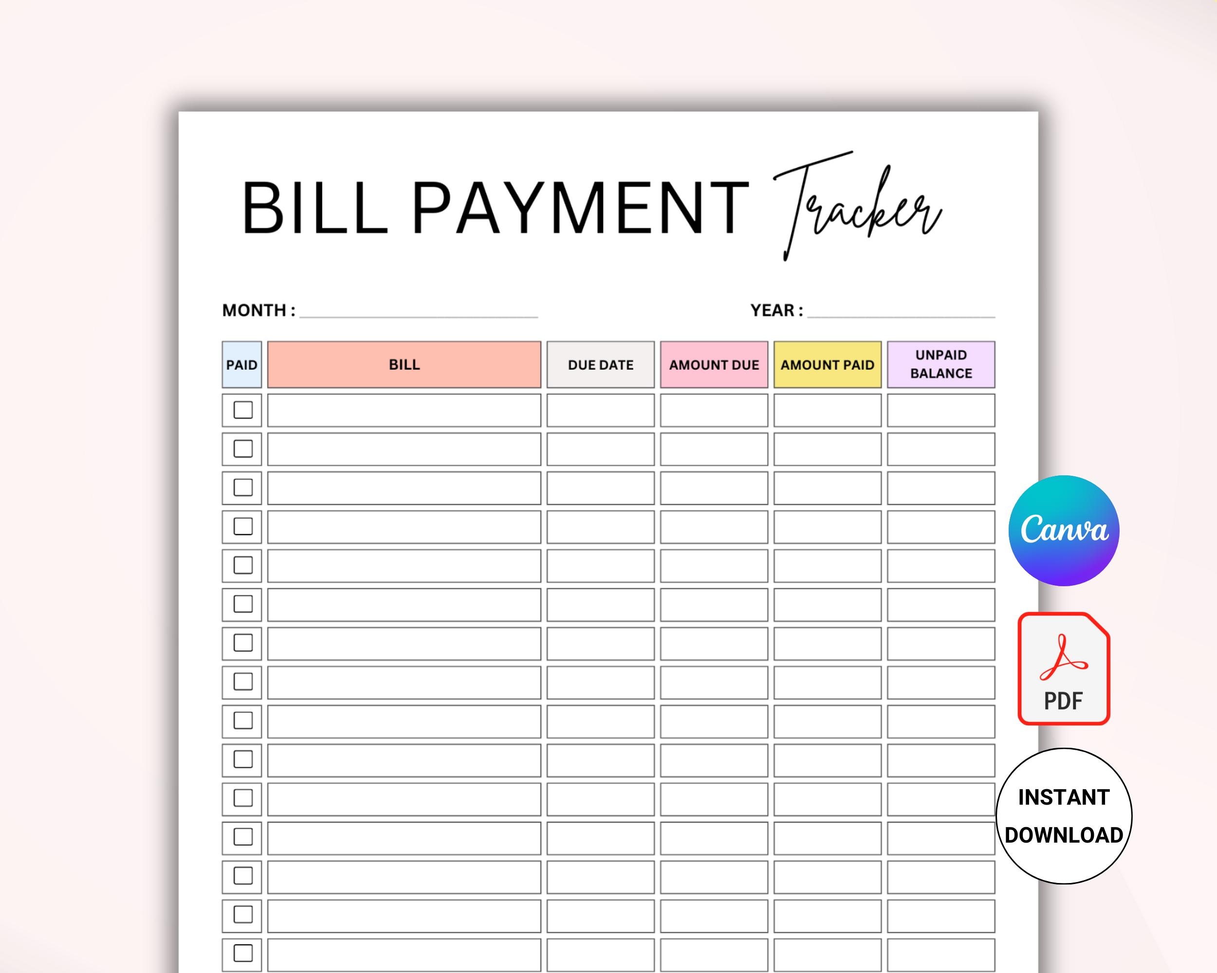 Bill Pay Organizer. Bill Payment Log. Monthly Bill Payment Checklist ...