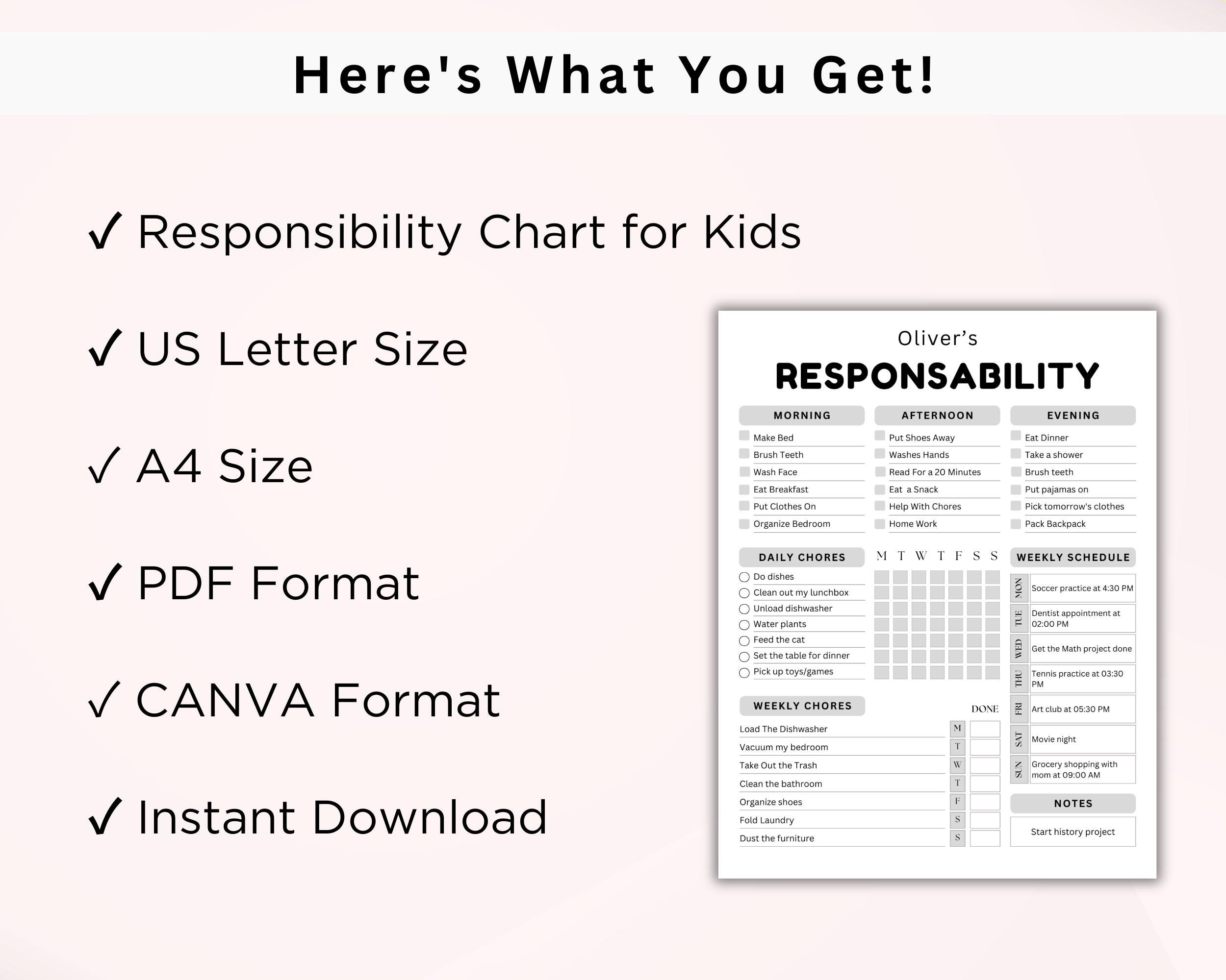 Responsibility Chart for Kids. Weekly Chore Chart Template. Printable ...
