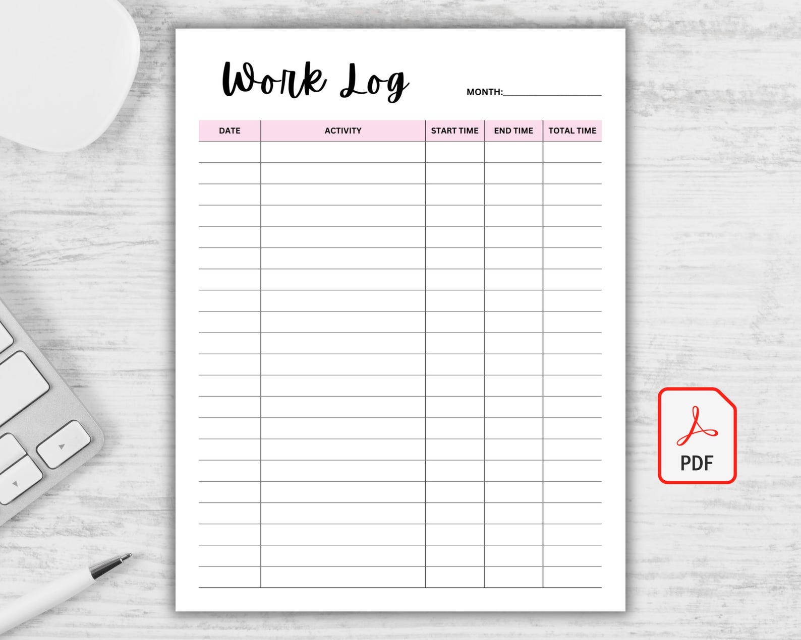 Work Log Printable PDF, Time Sheet Log, Working Hours Log, Work ...