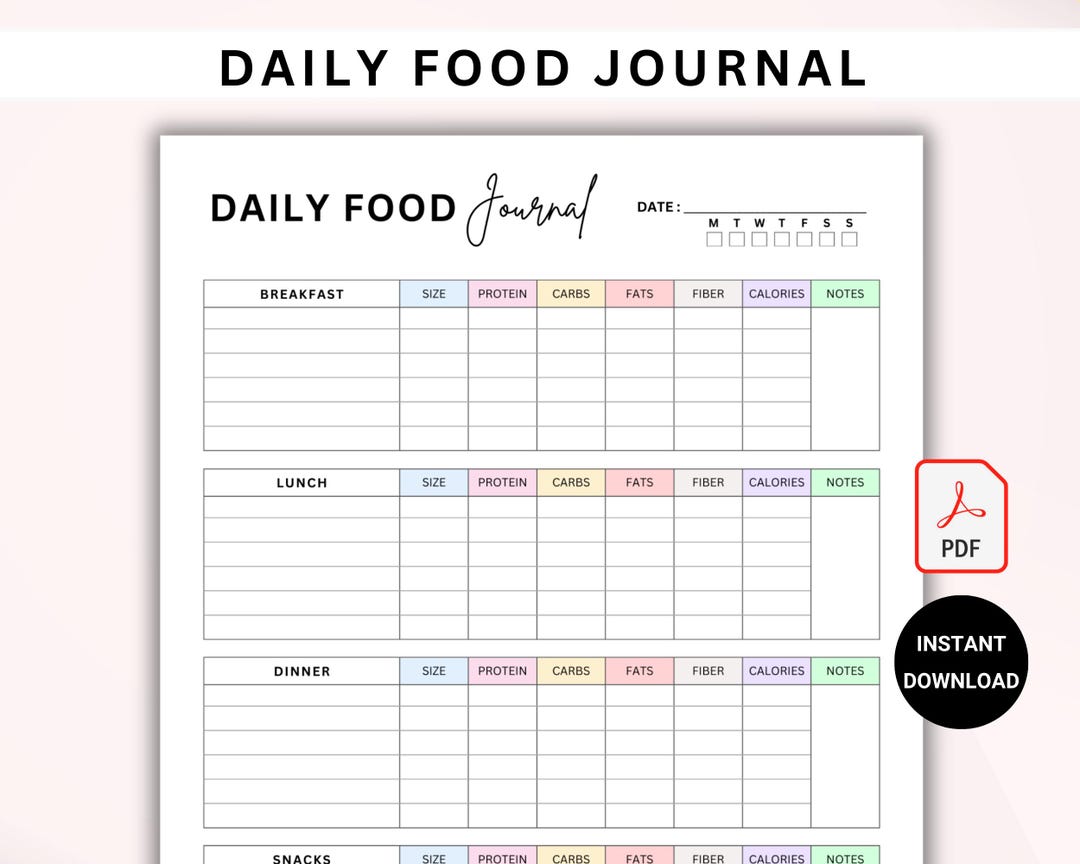 Food Journal Printable | Daily Calorie Tracker | Meal Tracker & Food ...
