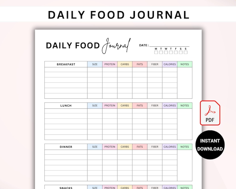 Food Journal Printable | Daily Calorie Tracker | Meal Tracker & Food ...