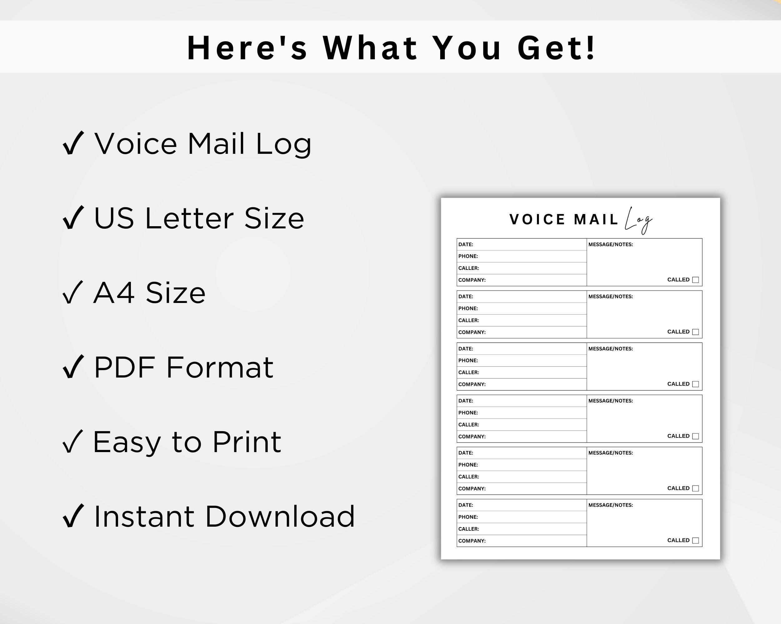 Voicemail Log. Voicemail Tracker. Voice Mail Journal Template ...