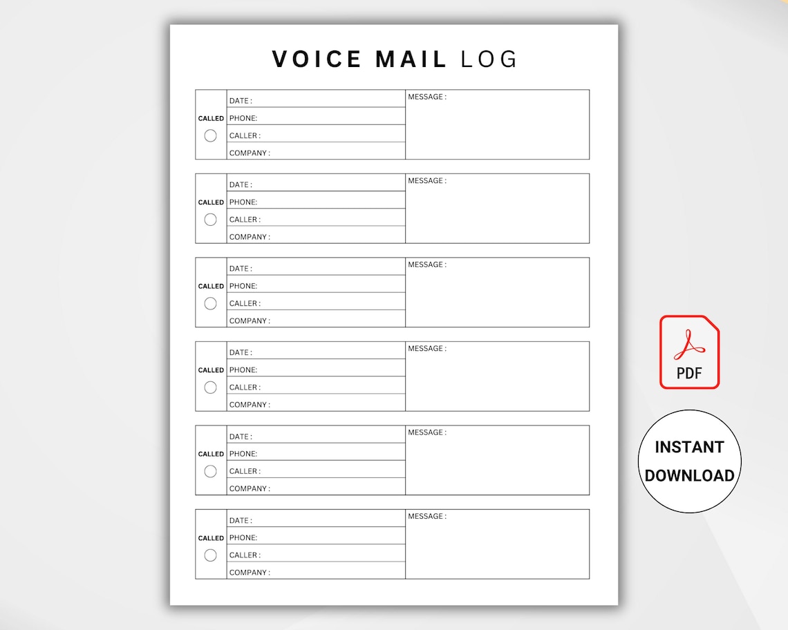 Voice Mail Log Template Printable PDF, Phone Call Log, Telephone ...