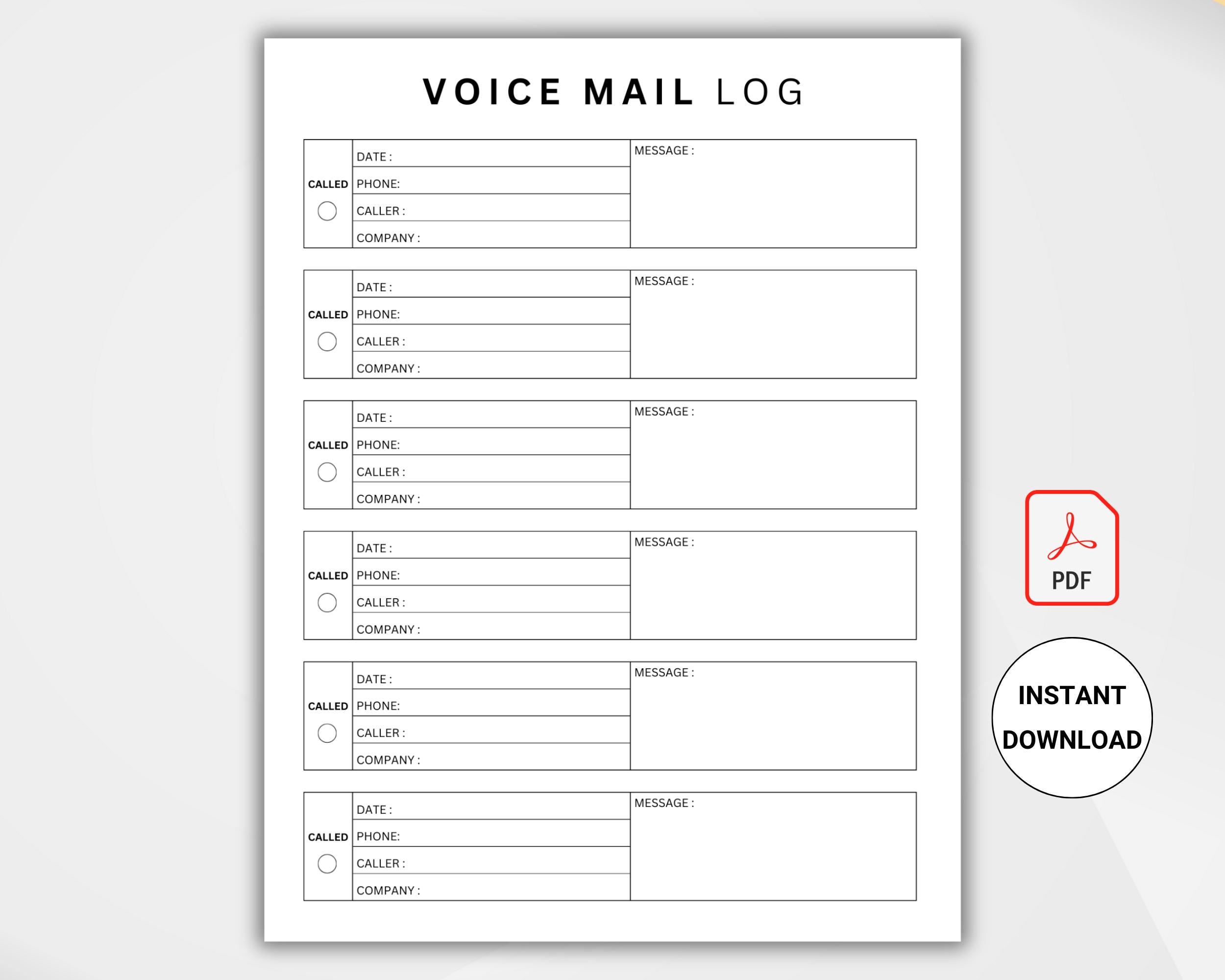 Voicemail Log Template Printable PDF, Phone Call Message Log, Office ...