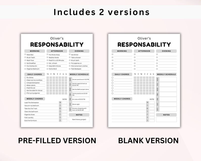 Responsibility Chart for Kids. Weekly Chore Chart Template. Printable ...