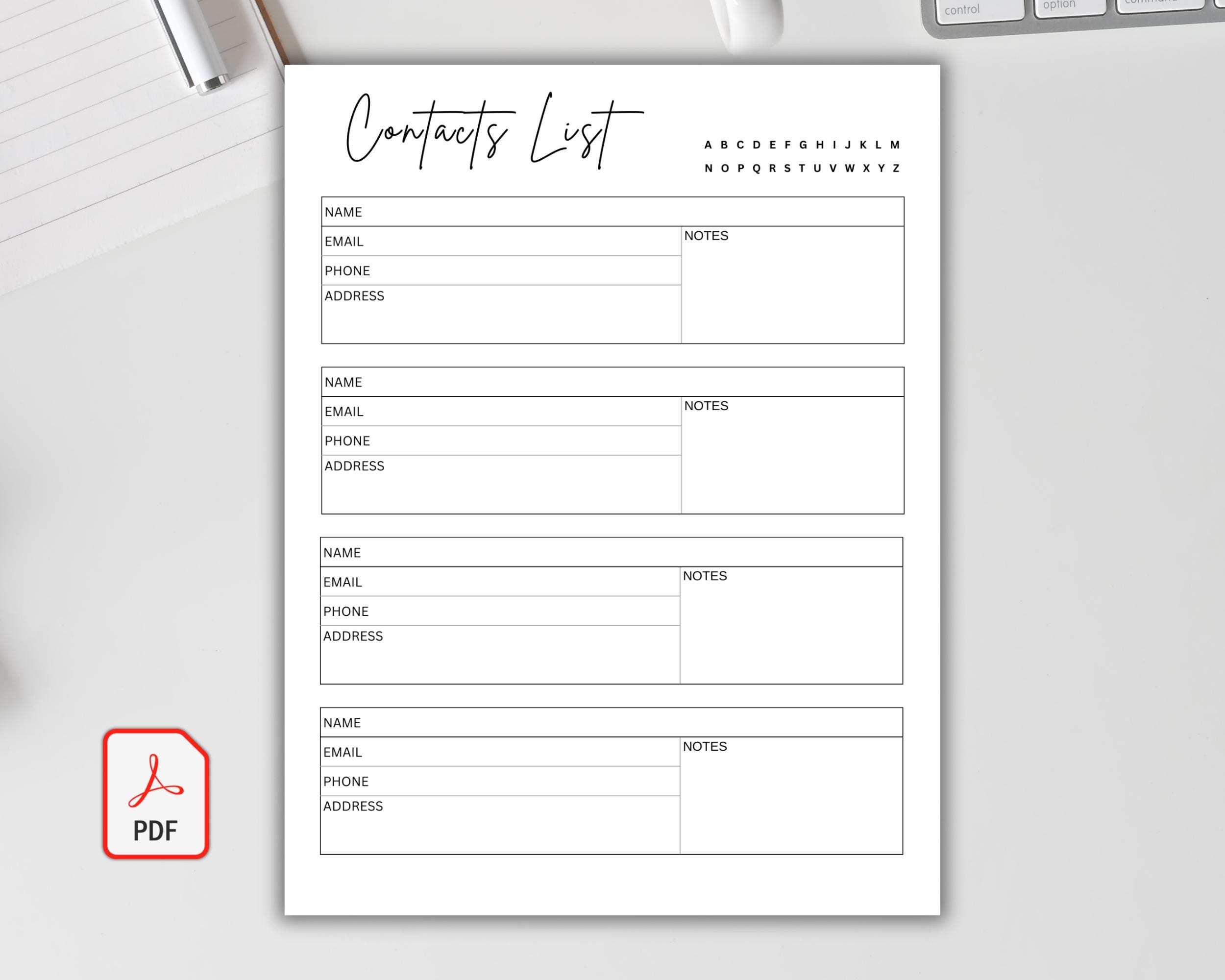 4 Contacts List Printable. Contact Information Template. Contact Sheet ...
