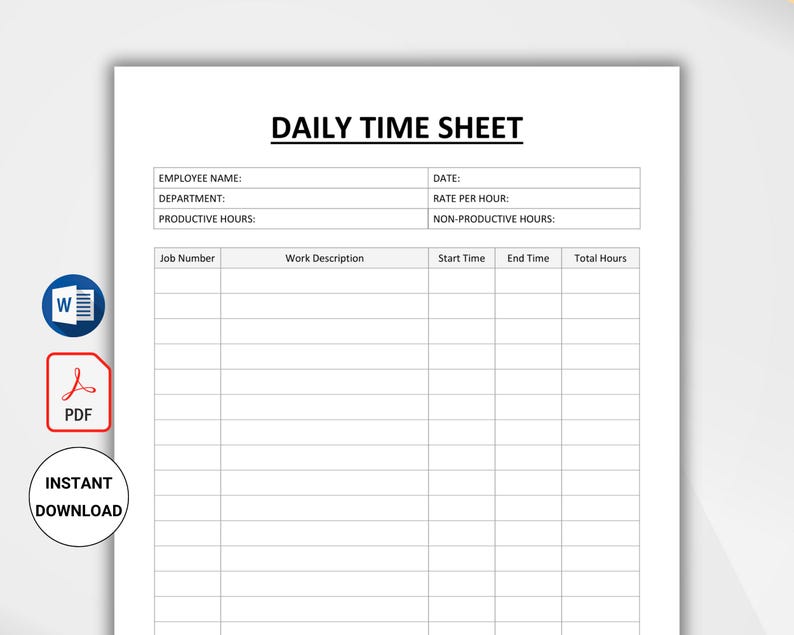 Employee Timesheet: Printable Work Hours Log (PDF Template, Instant ...