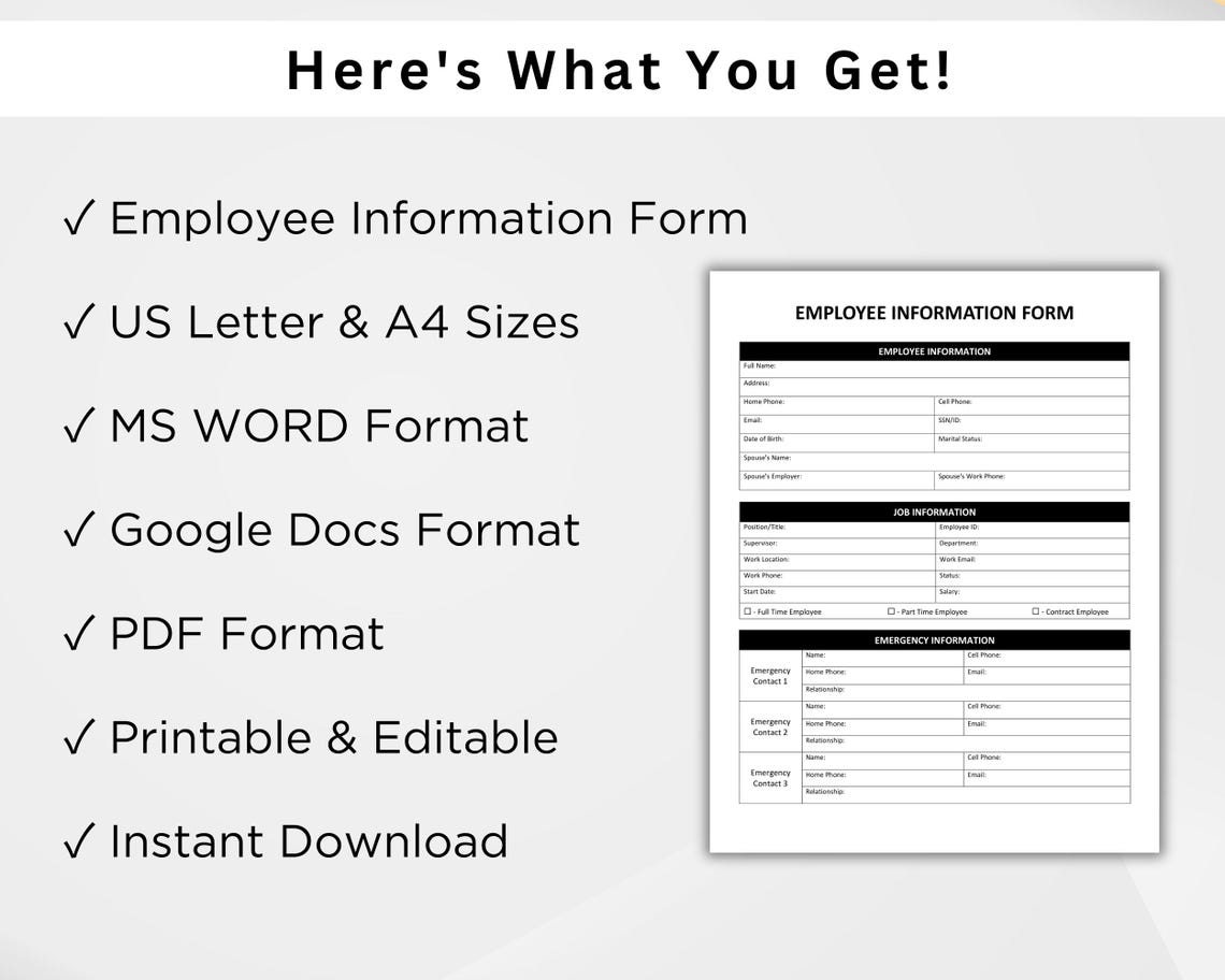 EDITABLE Employee Information Form. New Hire Paperwork. HR Templates ...