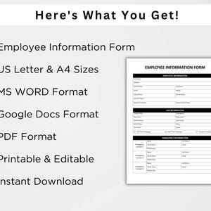EDITABLE Employee Information Form. New Hire Paperwork. HR Templates ...