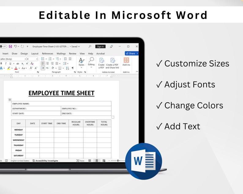 Employee Timesheet. Editable Timesheet. Printable Timesheet. Time Card ...