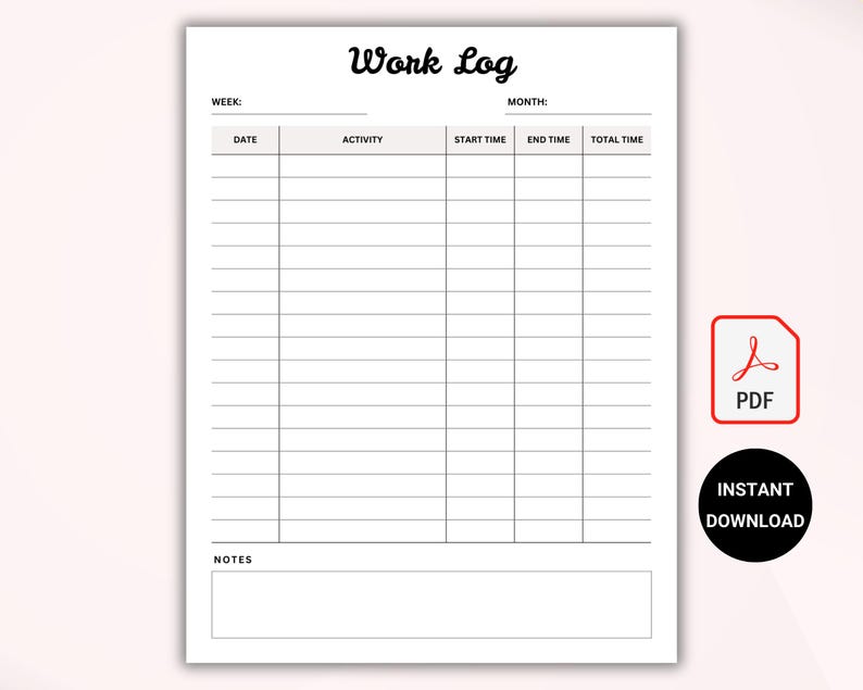 Work Log Printable, Time Log, Time Tracker, Working Hours Log, Activity ...