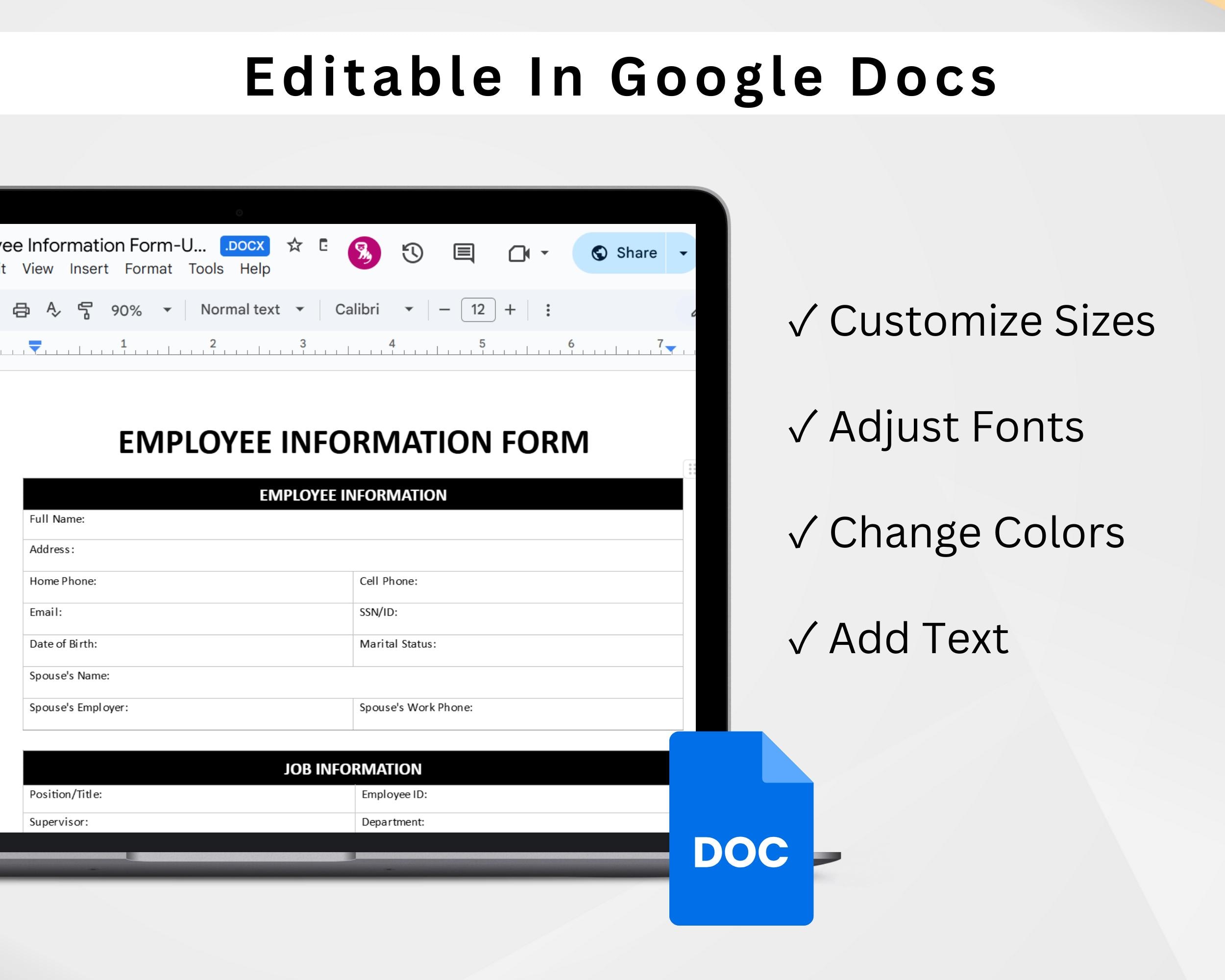 EDITABLE Employee Information Form. New Hire Paperwork. HR Templates ...