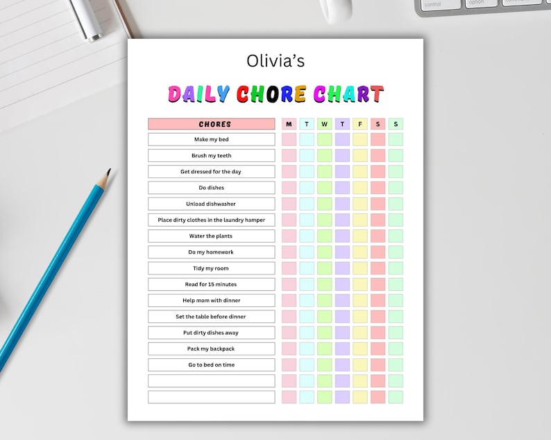 Editable Chore Chart Weekly Chore Chart for Kids Printable Daily ...