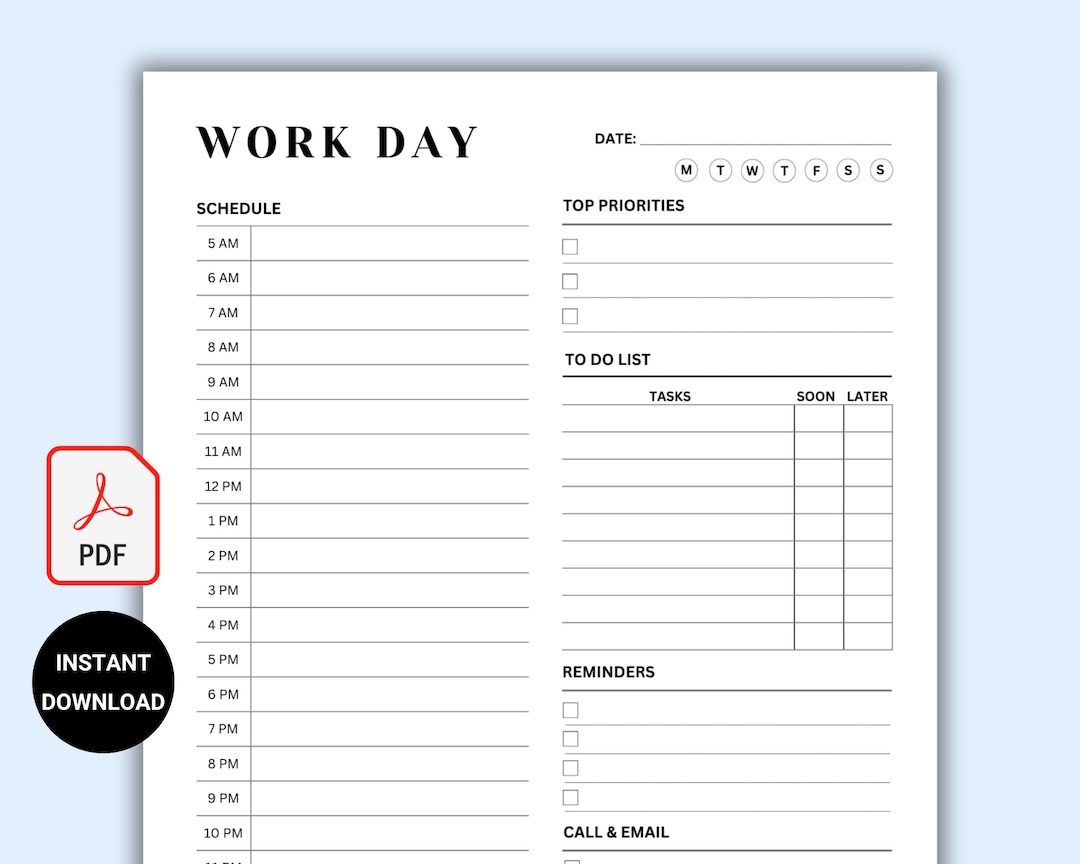 PRINTABLE Work Day Organizer. Work Day Planner. Printable Work Planner ...