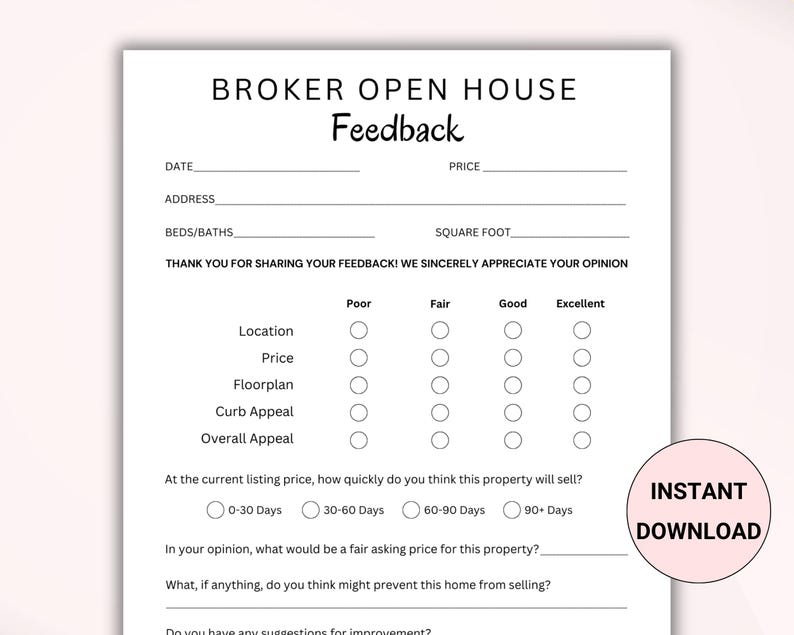 Broker Open House Feedback Form. Real Estate Agent Open House Feedback ...
