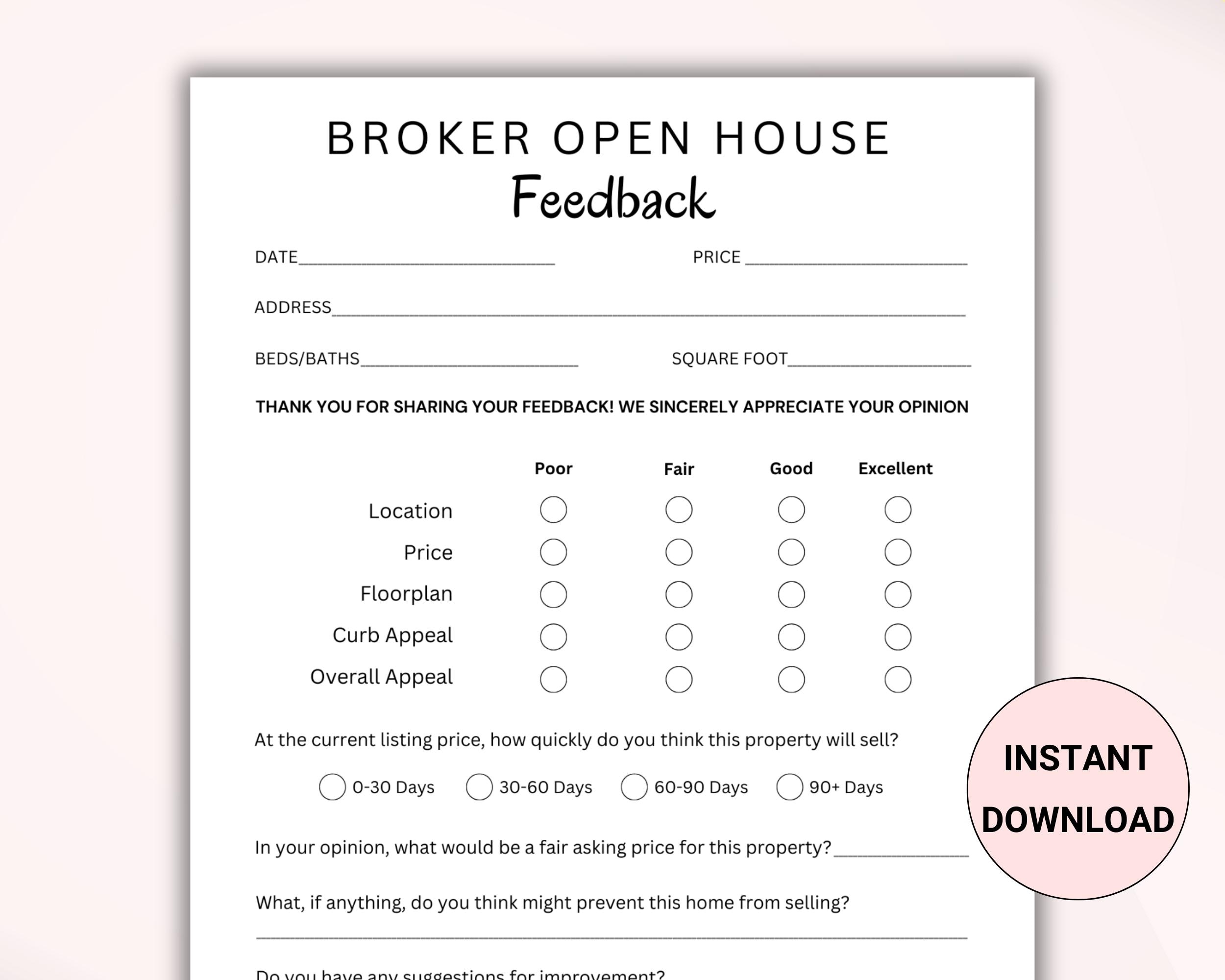 Broker Open House Feedback Form. Real Estate Agent Open House Feedback ...
