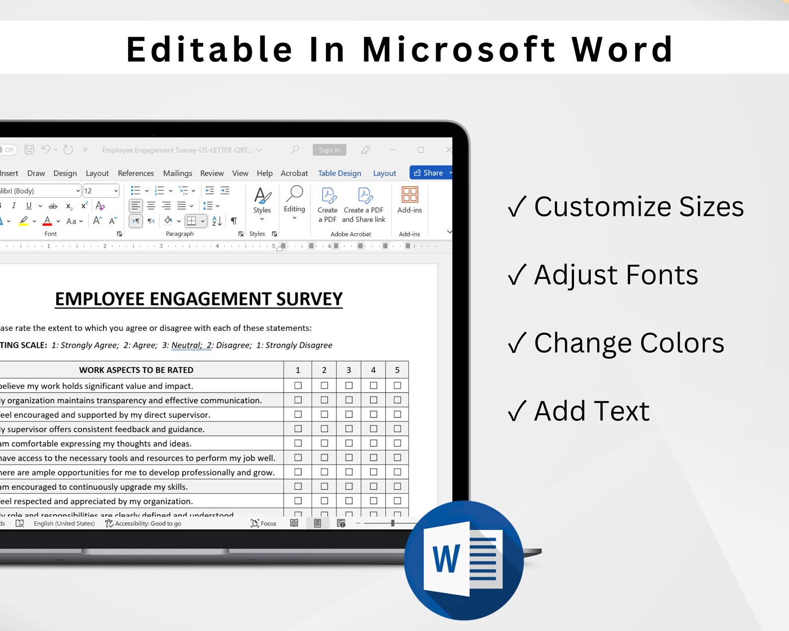Editable Employee Engagement Survey Template, HR Feedback Form ...