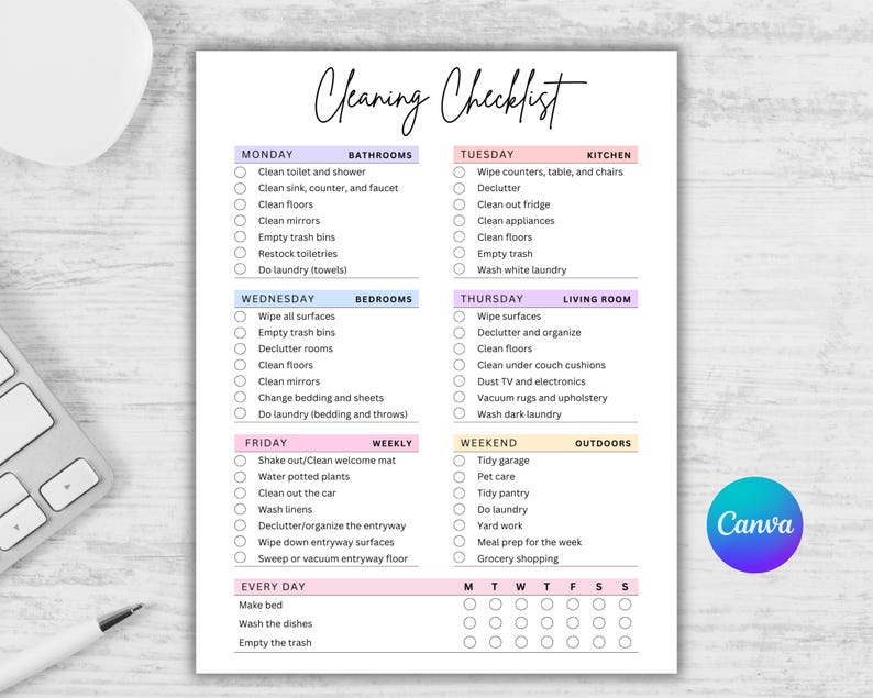 Cleaning Schedule EDITABLE Printable Weekly Cleaning Checklist ADHD ...