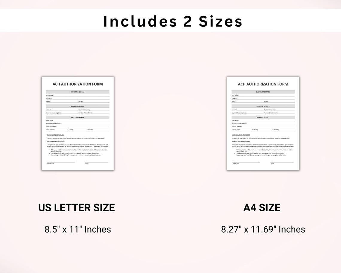 Printable ACH Authorization Form Template. Editable Debit Authorization for Payment. ACH Payment ...