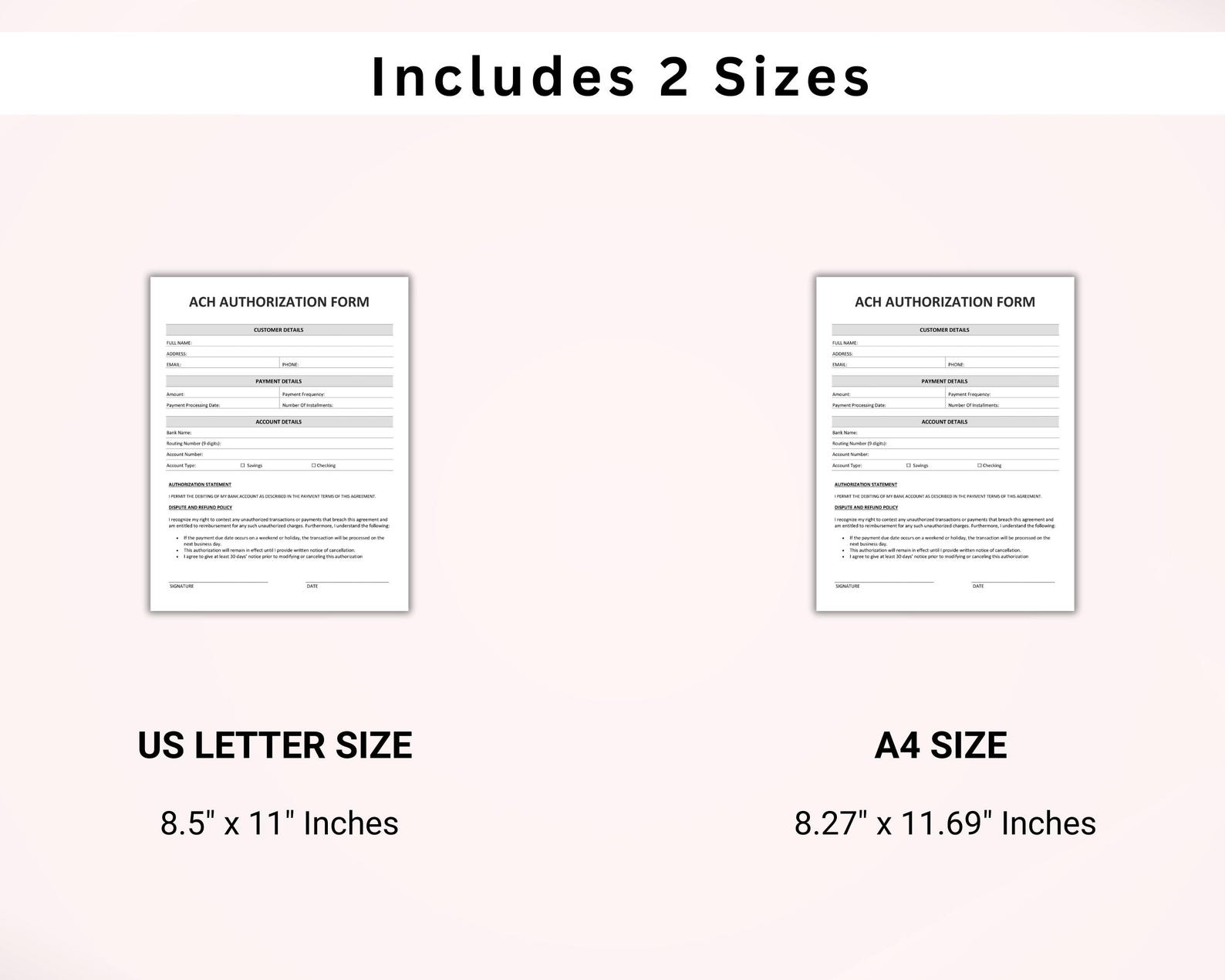 Printable ACH Authorization Form Template. Editable Debit Authorization ...