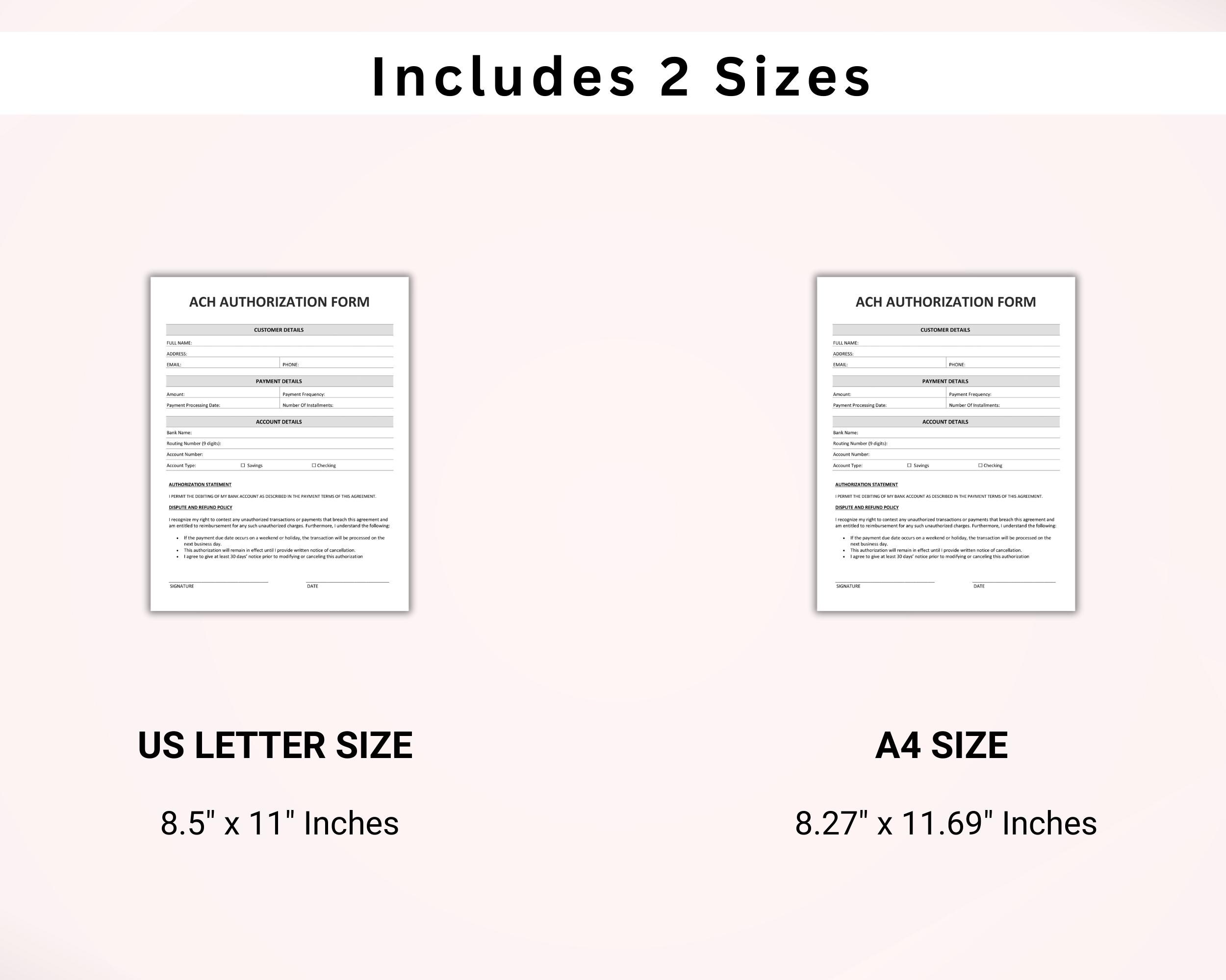 Printable ACH Authorization Form Template. Editable Debit Authorization ...