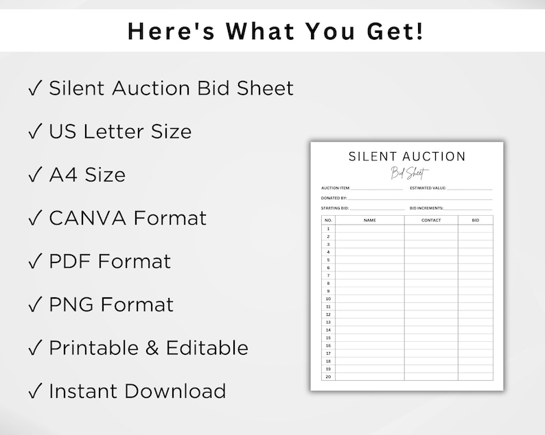 Editable Silent Auction Bid Sheet. Silent Auction Sign up Sheet. Silent ...