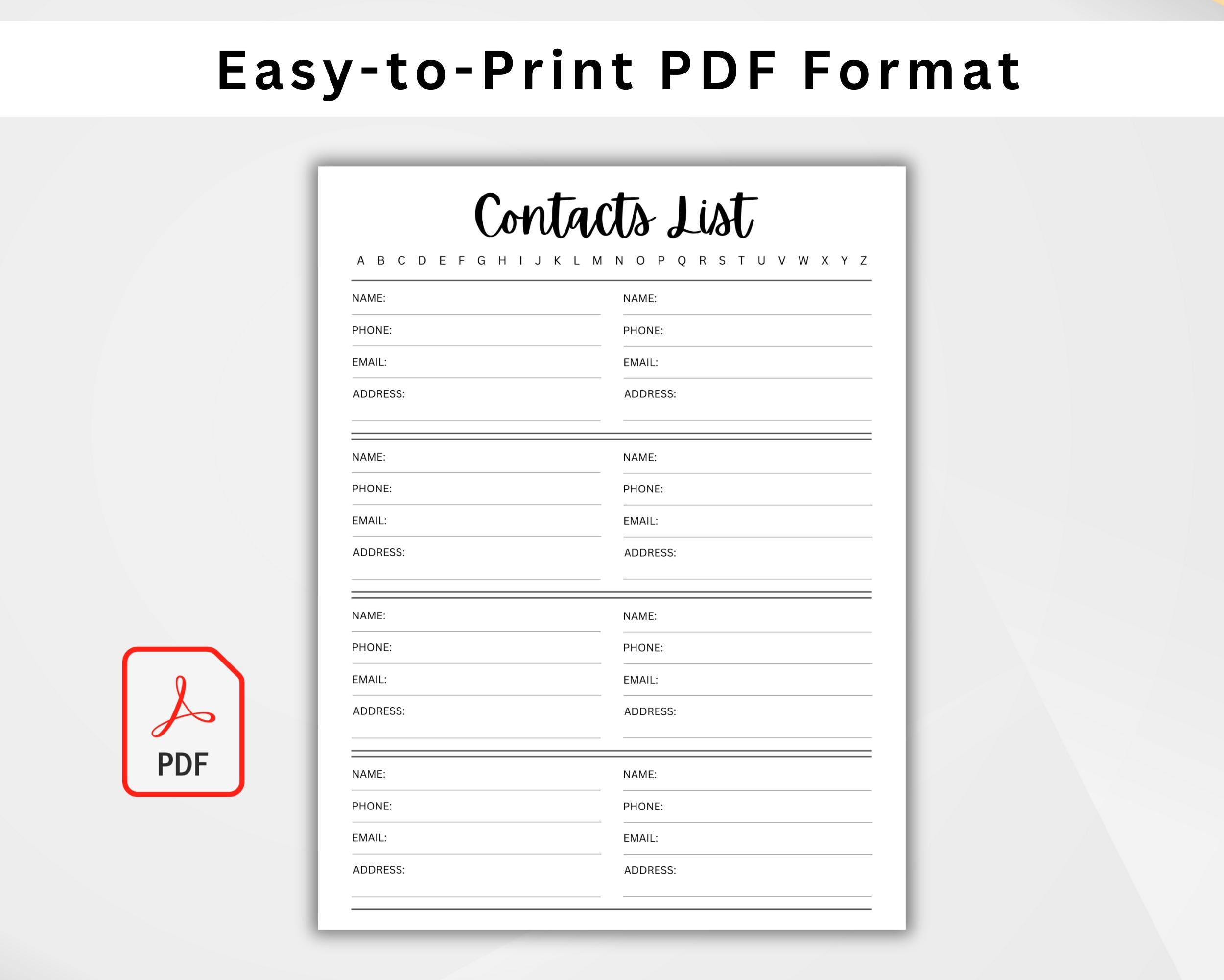 Contacts List Printable. Contact Information Template. Contact Sheet ...