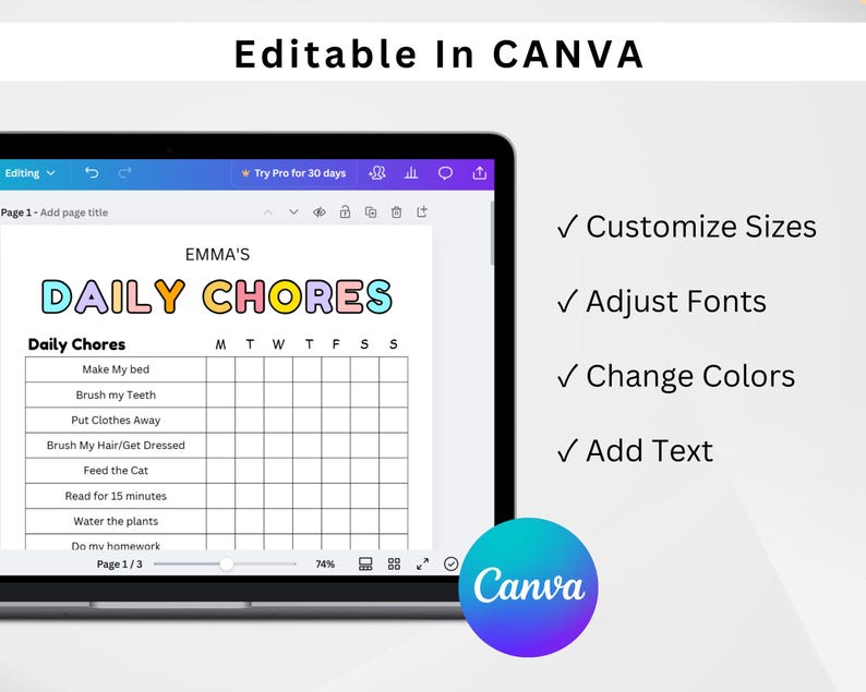 Editable Chore Chart for Kids. Printable. Kids Daily Weekly ...