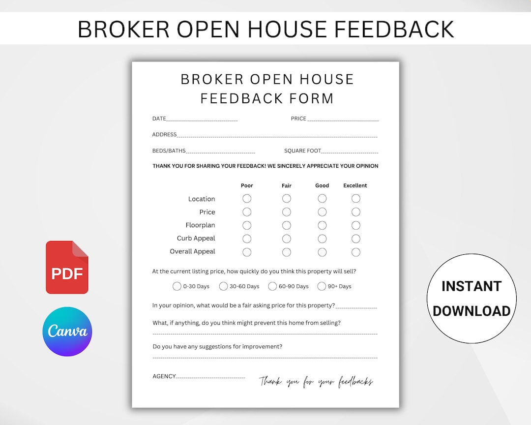 Broker Open House Feedback Form | Real Estate Agent Open House Feedback | Editable Real Estate ...