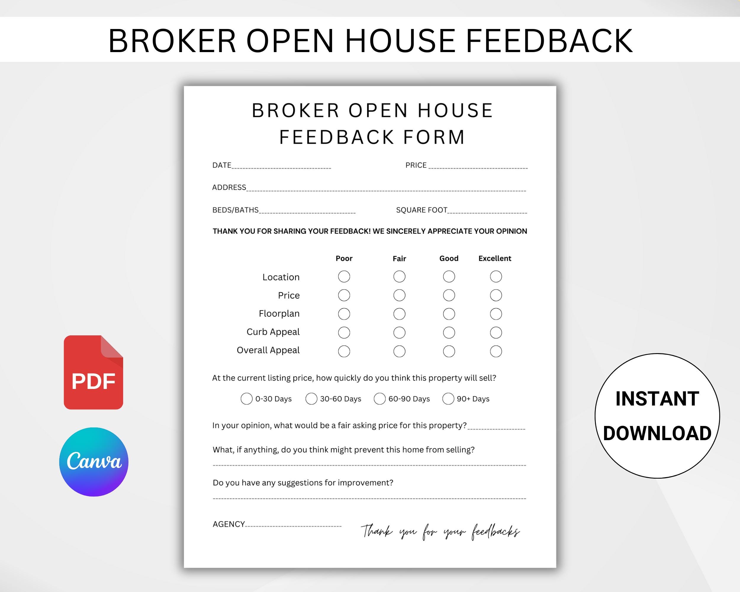 Editable Open House Feedback Form, Realtor Client & Agent Feedback ...