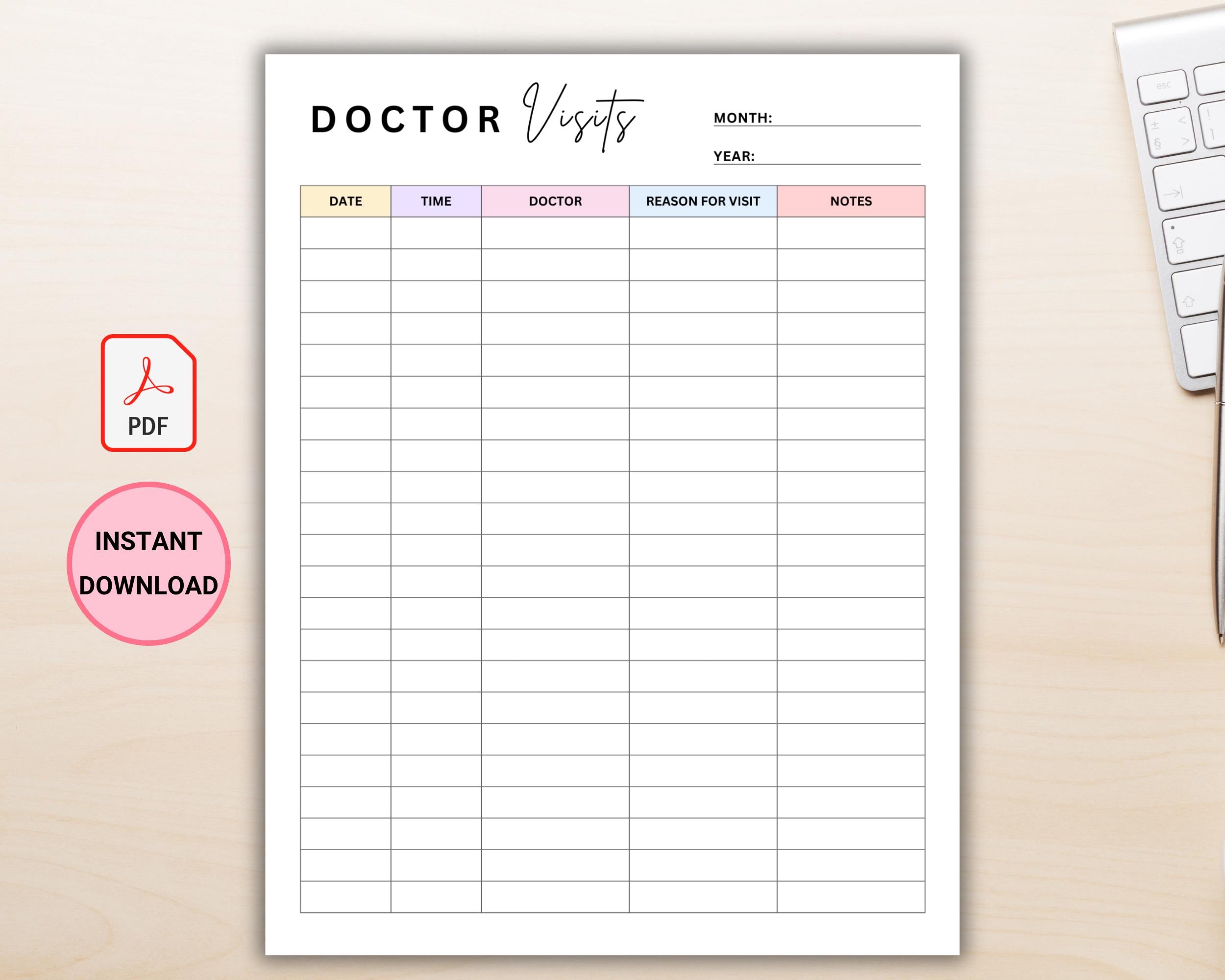 Doctor Visit Log: Printable Medical Appointment Tracker (PDF Template ...