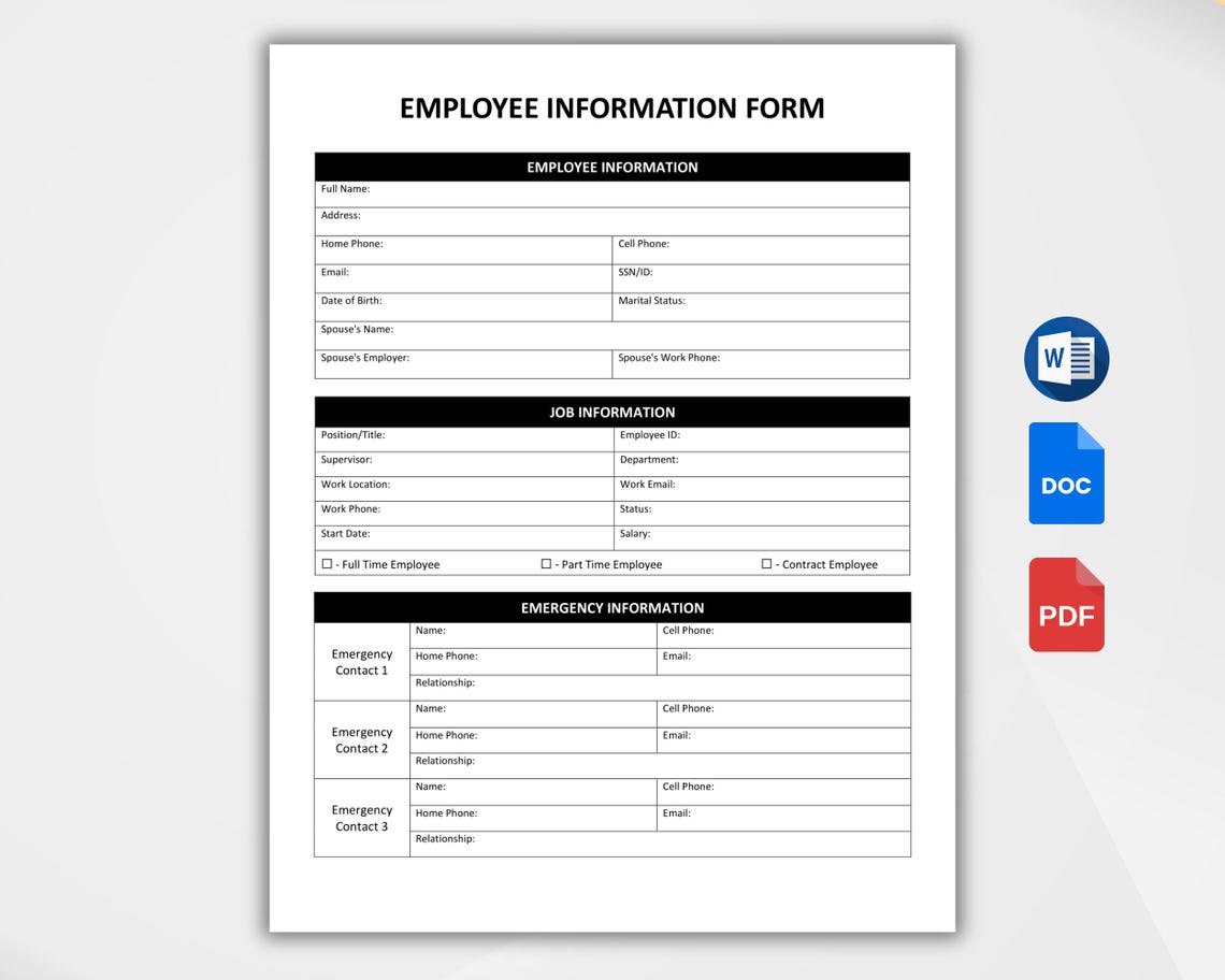 EDITABLE Employee Information Form. New Hire Paperwork. HR Templates ...