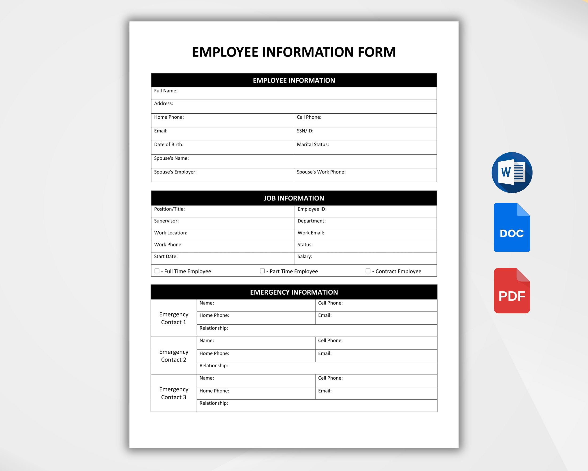 EDITABLE Employee Information Form. New Hire Paperwork. HR Templates ...