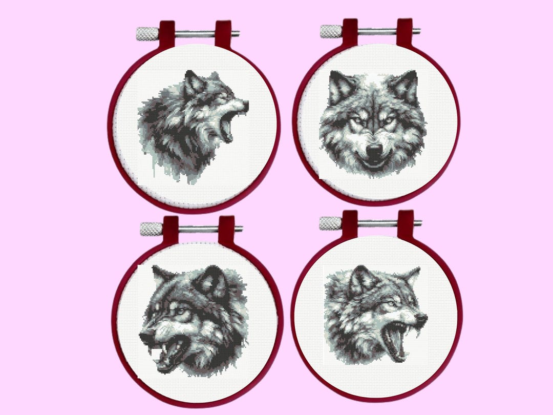 Wolf Cross Stitch Pattern, Set of 4 White Wolfs Cross Stitch Pattern ...