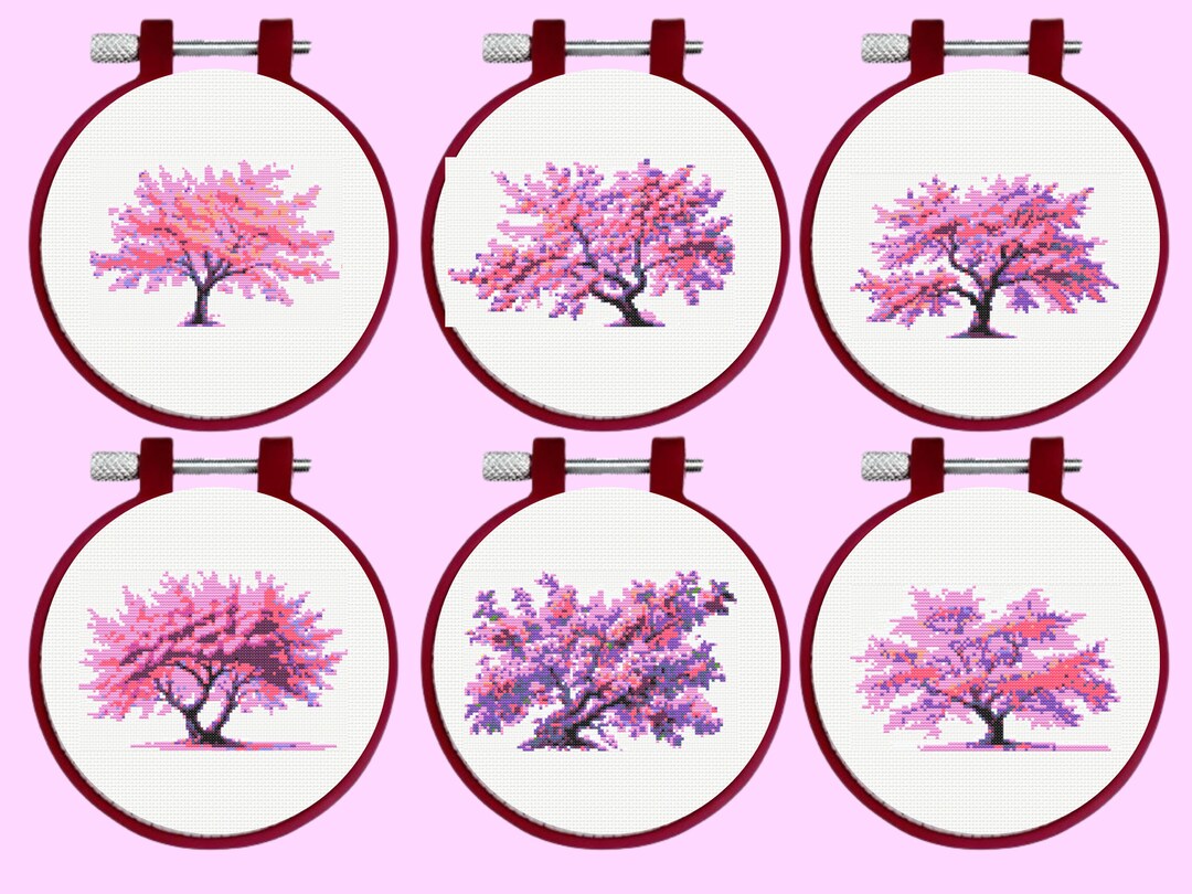 Cherry Blossom Tree Cross Stitch Pattern, 6 Pink Trees Cross Stitch ...