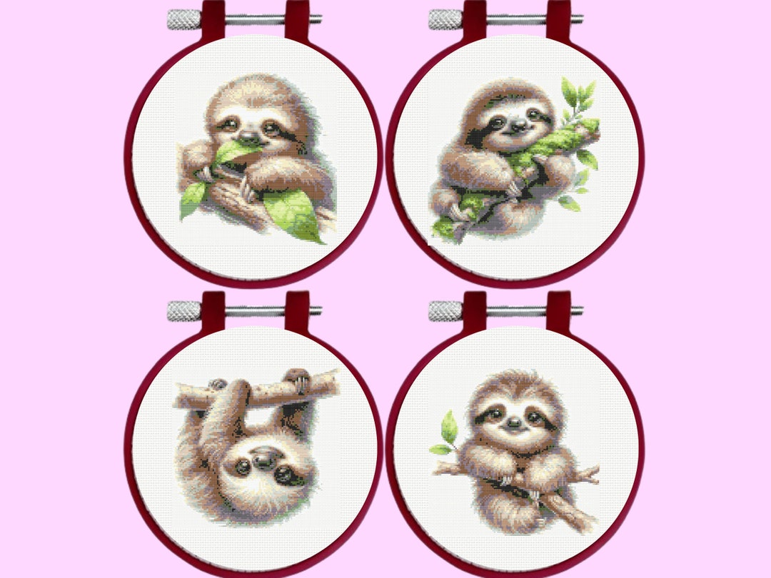 Sloth Cross Stitch Pattern, 4 Baby Sloths Cross Stitich Pattern Bundle ...