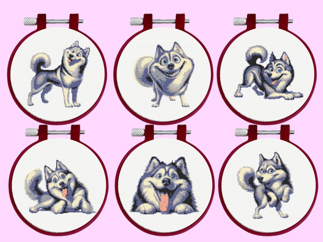 Husky Cross Stitch Pattern, Set of 8 Dog Cross Stitch Pattern, Cute Dog ...