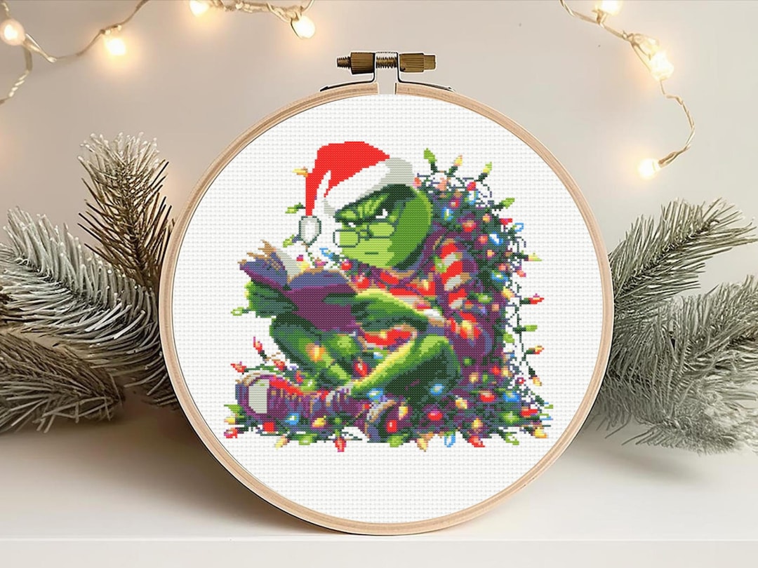 Grinch Cross Stitch Pattern, Grinch Christmas Lights Cross Stitch ...