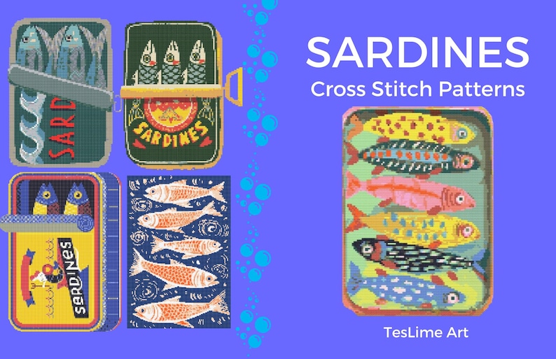 Sardines in a Can Cross Stitch Pattern, Set of 5 Sardines Cross Stitch ...