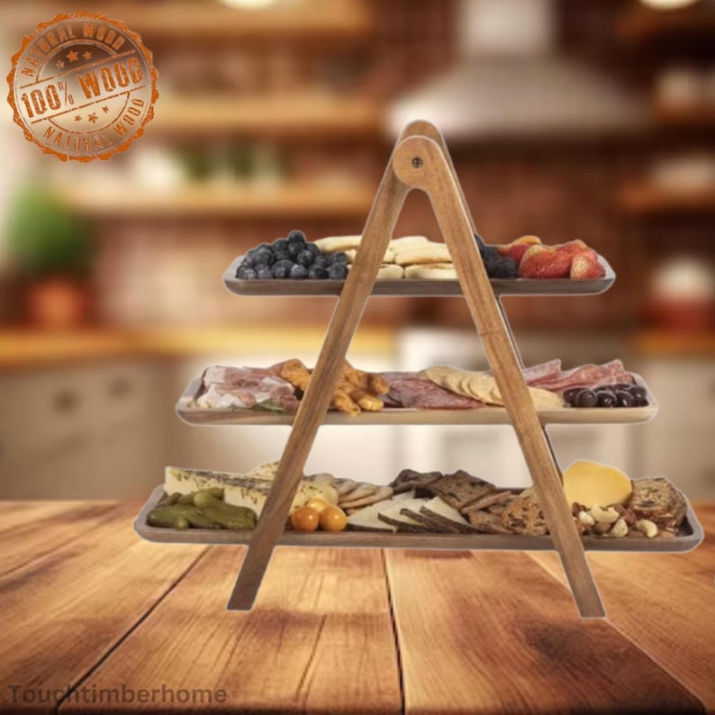 Rustic Wooden 3-tier Serving Tray – Food Display Stand for Kitchen ...