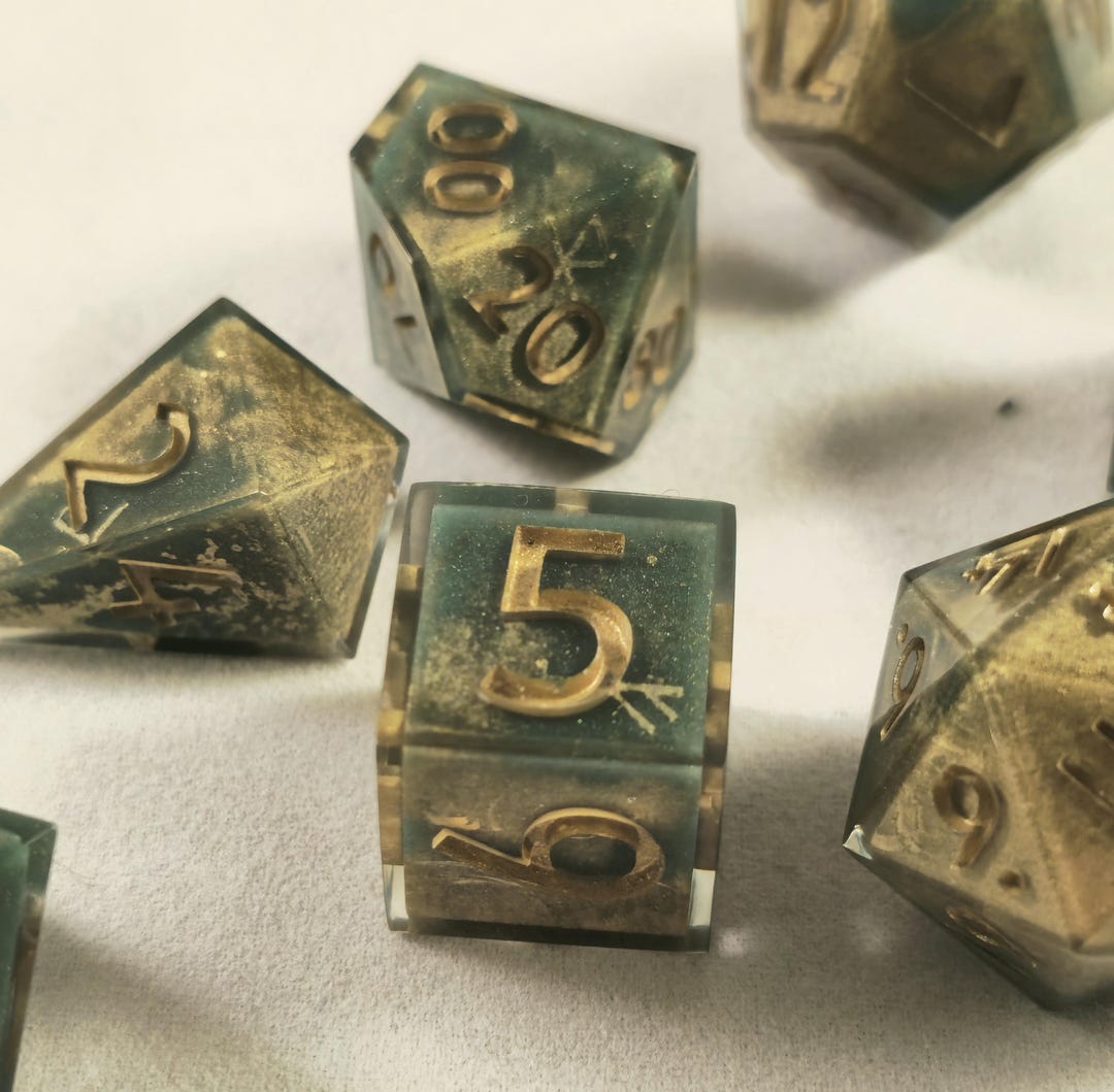 7-piece Green & Gold Rune Dice Set handmade Sharp Edge Resin Dice for ...
